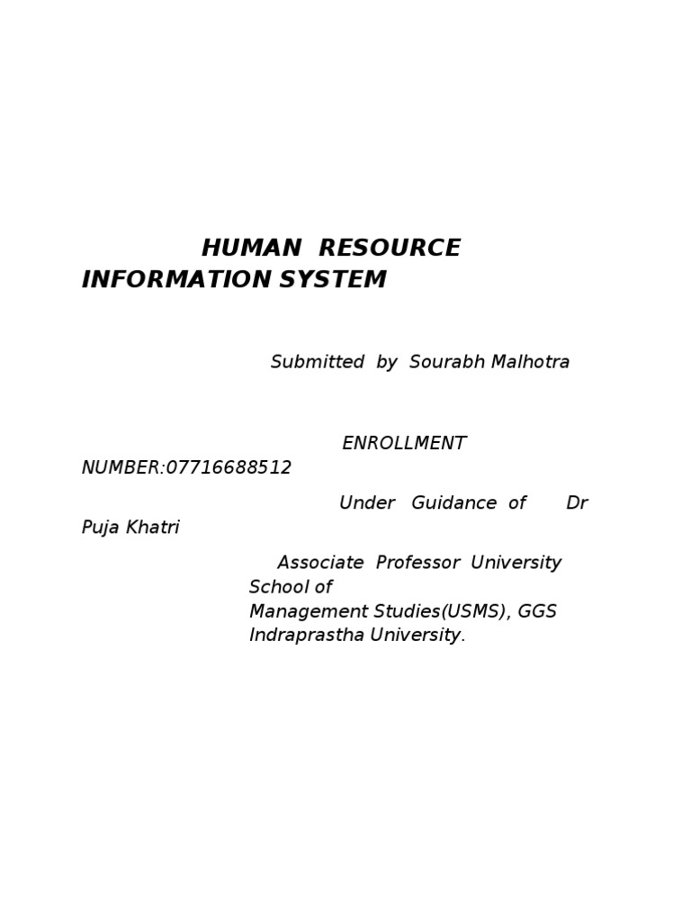 Synopsis Hris, Human Resource Information System, Mba Project Report ...