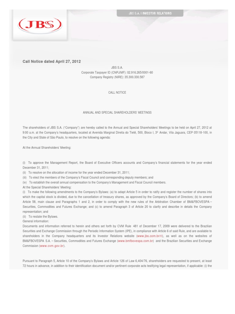 Call Notice | PDF | Securities (Finance) | Board Of Directors