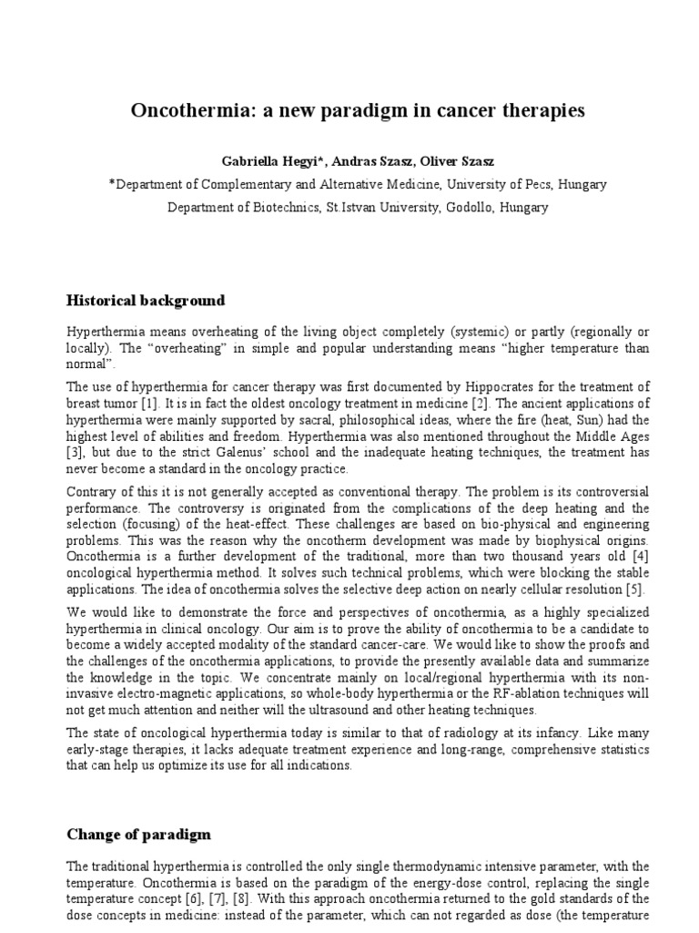 Oncothermia: A New Paradigm in Cancer Therapies | PDF | Hyperthermia ...