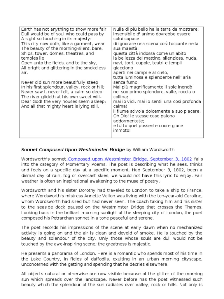 Wordswoth - Composed Upon Westminster Bridge | PDF | Sonnets | Poetry