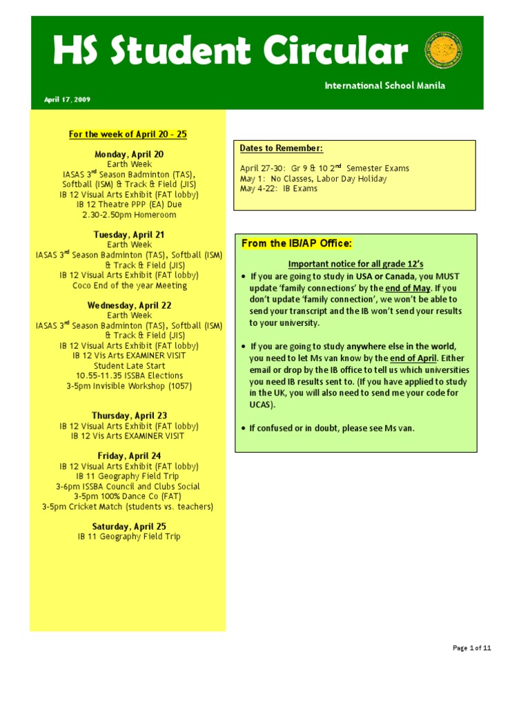 Student Circular April 17 | College | Educational Institutions