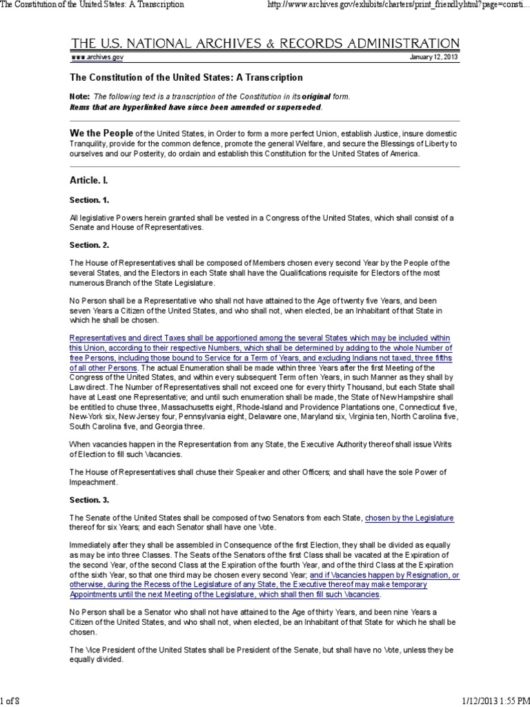 The Constitution of The United States: A Transcription: WWW - Archives ...