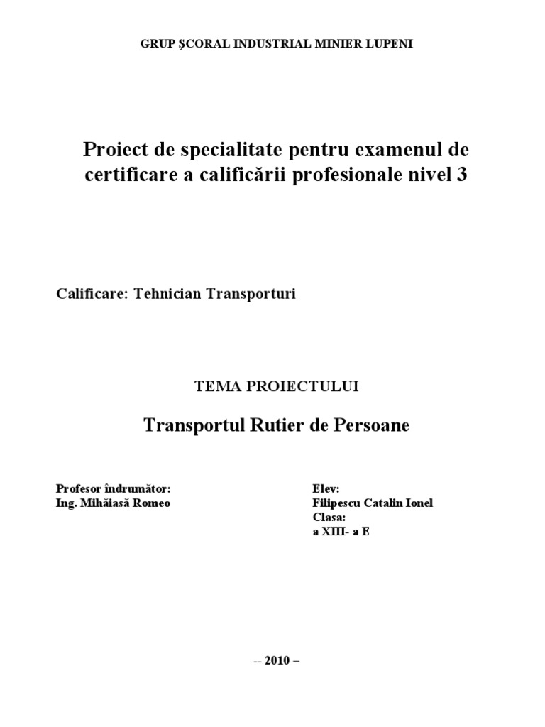 Proiect Transportul Rutier de Persoane TAXI Pinzaru | PDF