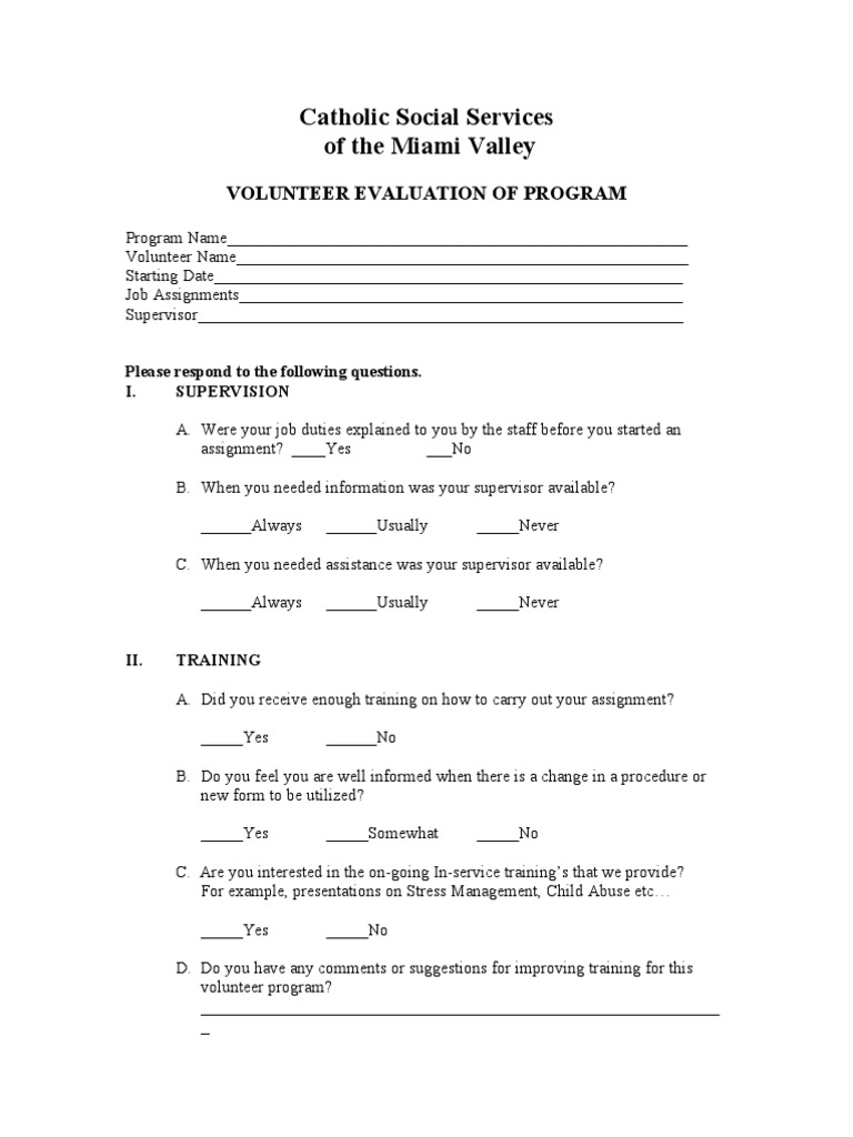 Volunteer Evaluation for Catholic Services | PDF | Finance & Money ...