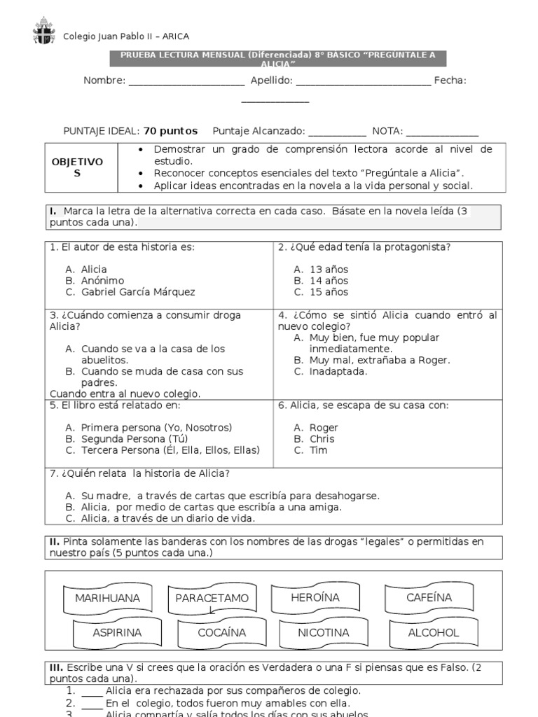 Prueba Pregúntale A Alicia Diferenciada | PDF
