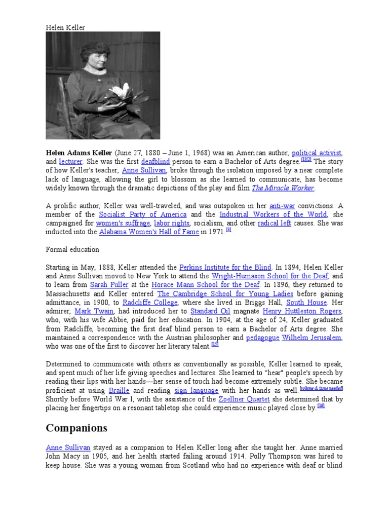 Companions: Helen Adams Keller (June 27, 1880 - June 1, 1968) Was An American Author | PDF ...