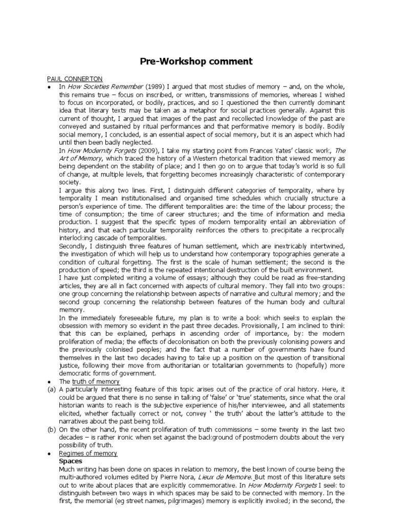 Paul Connerton, Pre-Workshop Comment | PDF | Memory | Oral History