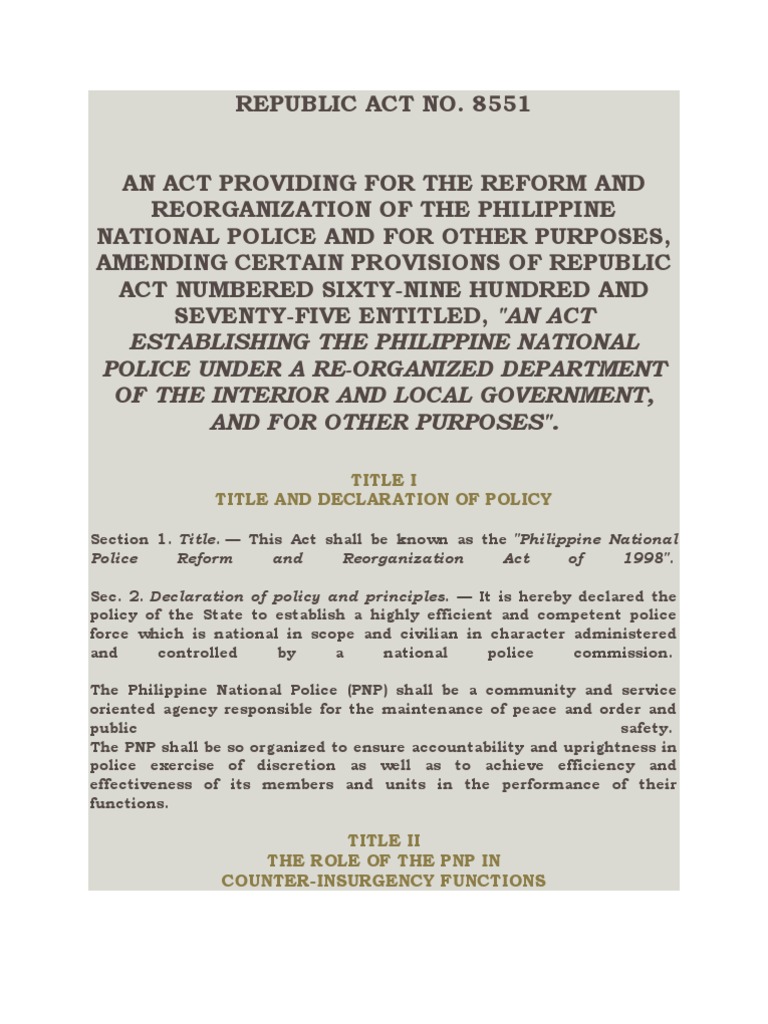 RA 8551-Philippine National Police Reform and Reorganization Act of ...