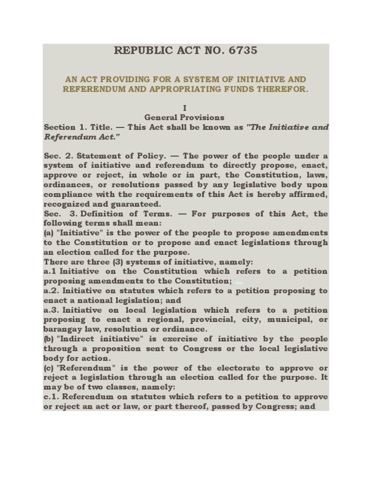 RA 6735 - The Initiative and Referendum Act | PDF | Initiative ...
