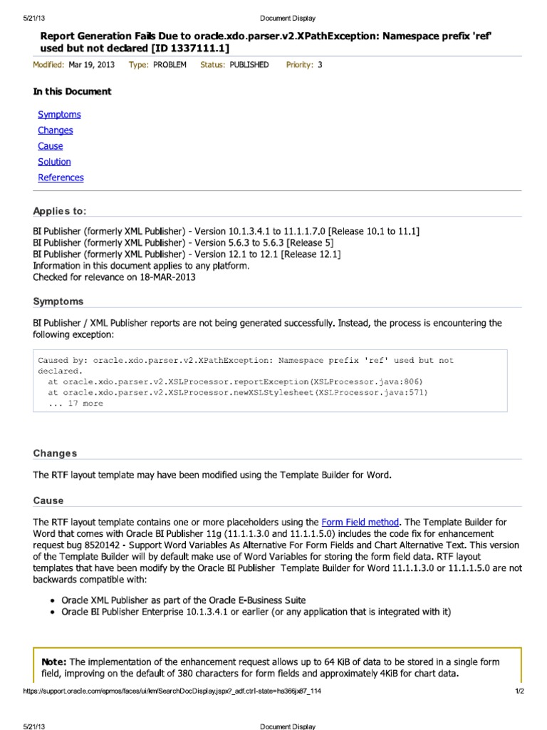 Report Generation Fails Due To Oracle - xdo.Parser.v2.XPathException Namespace Prefix Ref Used ...