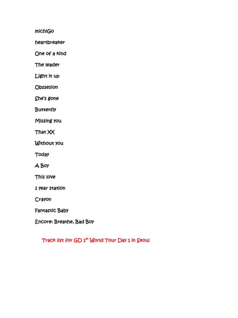 GD 1st World Tour Day 1 Track List | PDF