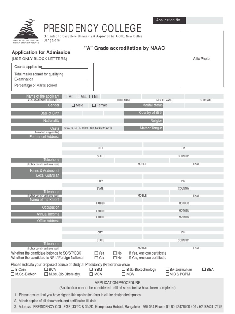 Presidency College Admission Application | PDF | Travel Visa | Test ...