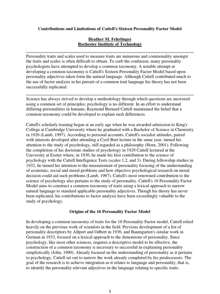 Cattell's Sixteen Personality Factor Model | Factor Analysis ...