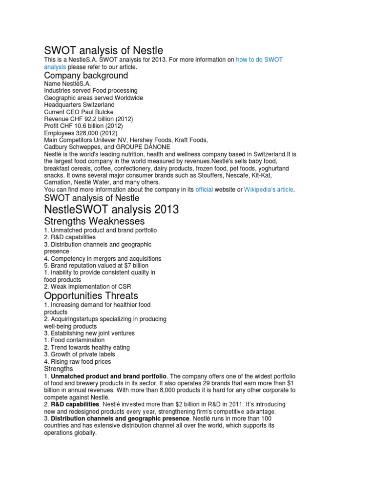Nestlé SWOT Analysis 2013 | PDF | Nestlé | Foods