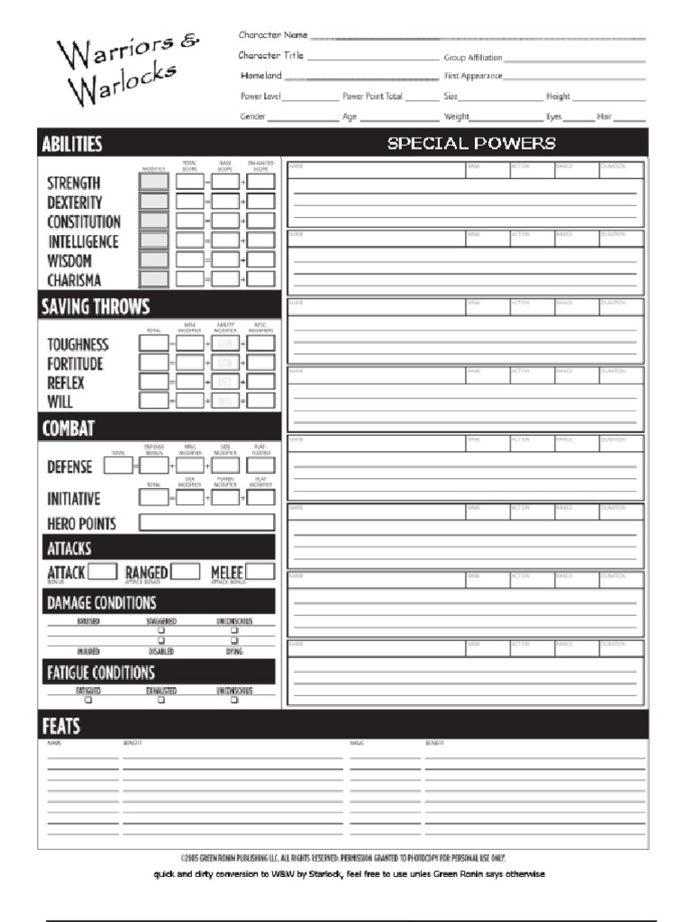 Warriors and Warlocks Character Sheet | PDF