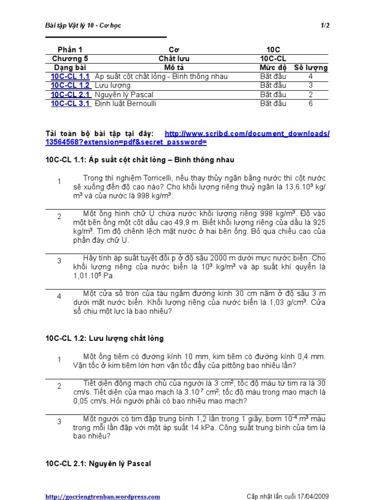 VL10C-CL Bài tập chất lưu | PDF