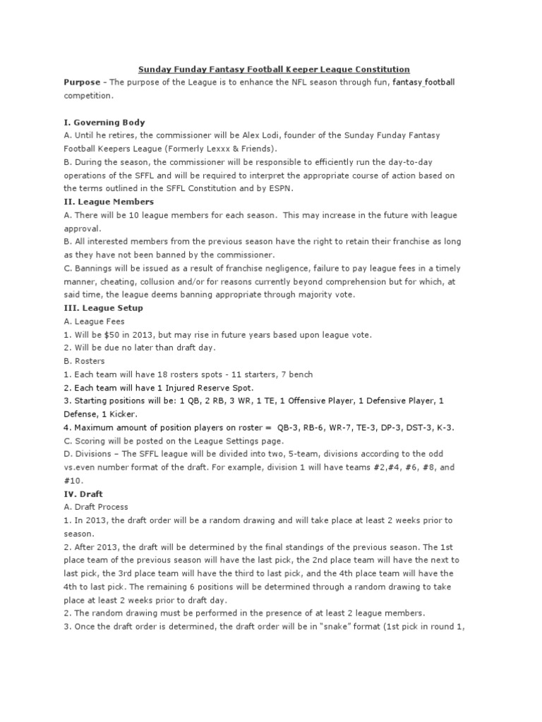 Sunday Funday Fantasy Football Keeper League Constitution | PDF ...