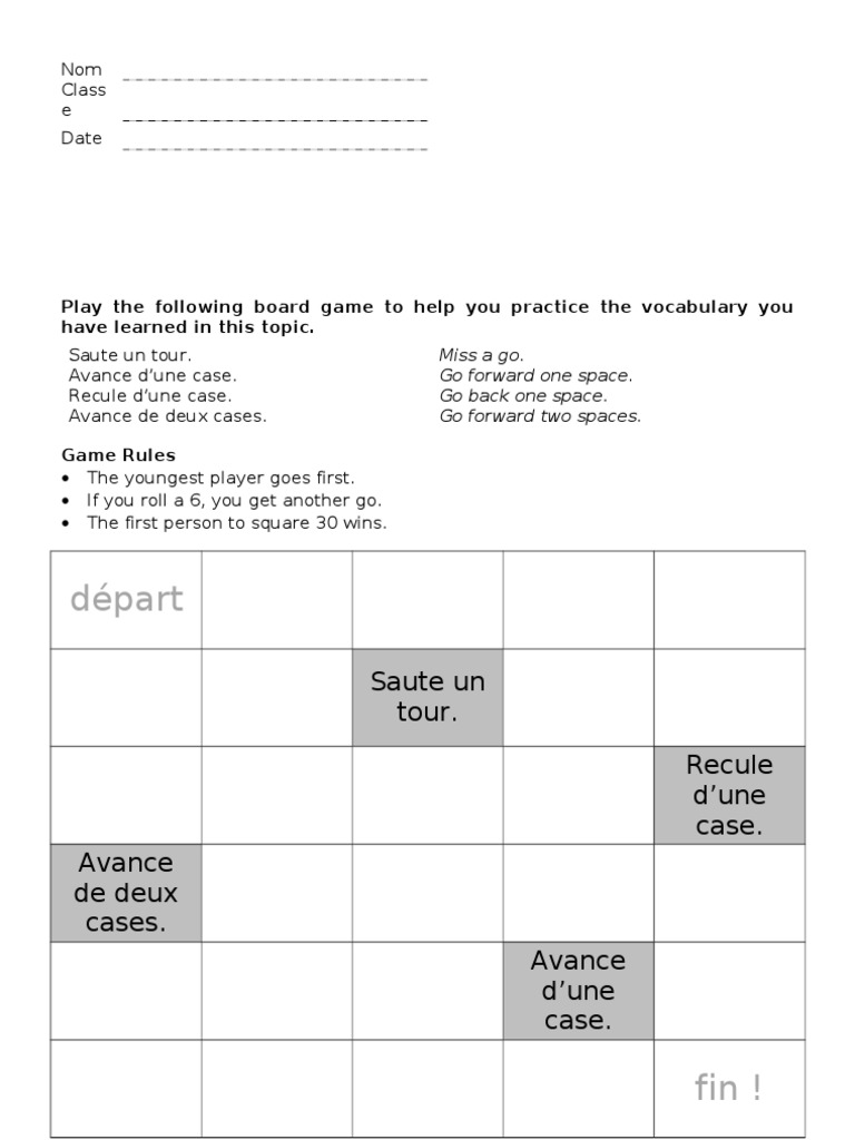 Départ: Saute Un Tour. Recule D'une Case. Avance de Deux Cases. Avance ...