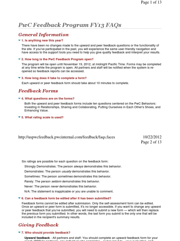PwC Feedback Program FY13 FAQs.pdf | Anonymity | Performance Appraisal