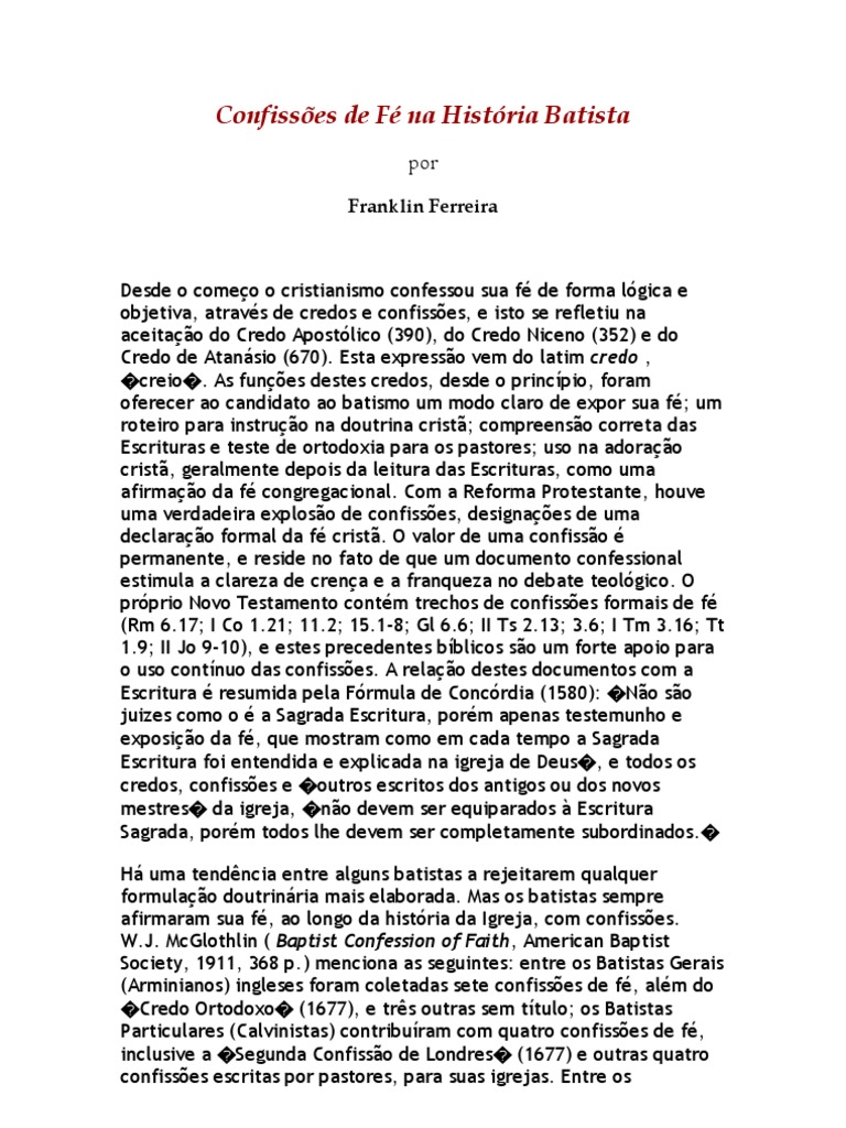 Confissões de Fé Na História Batista | PDF | Batistas | Bíblia