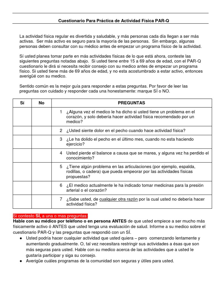 PAR-Q_Español | Cuestionario | Ejercicio físico