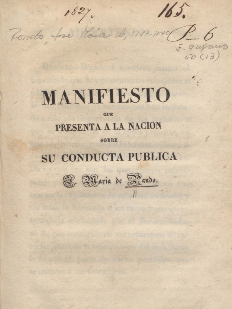 José María Pando. Manifiesto Que Presenta A La Nación Sobre Su Conducta ...