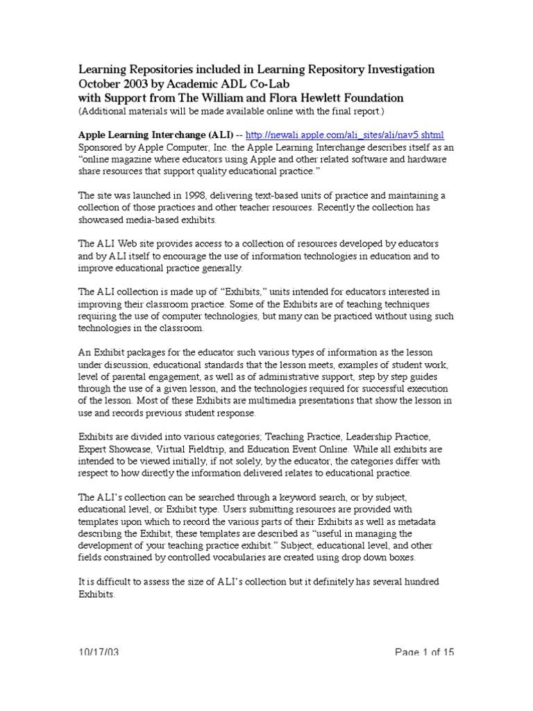 Learning Repositories Included in Learning Repository Investigation ...