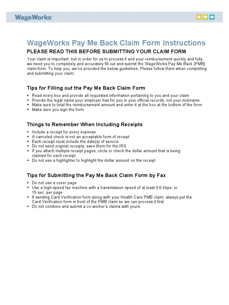 Wageworks Pay Me Back Claim Form Instructions: Please Read This Before ...