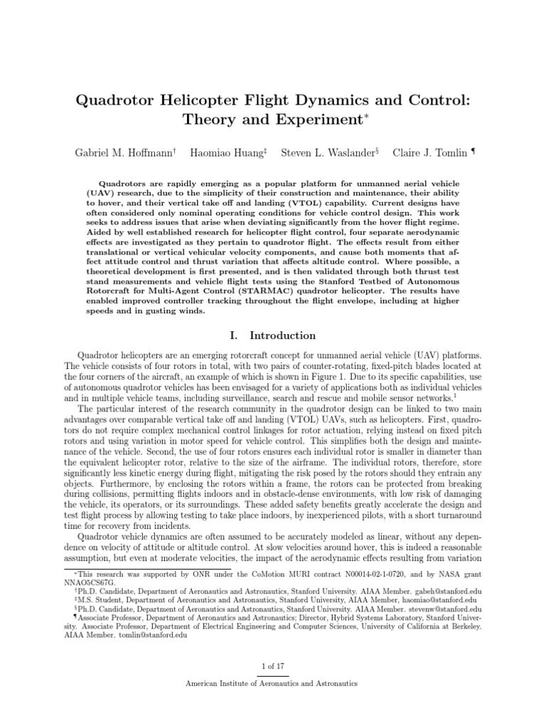 Quadrotor Helicopter Flight Dynamics and Control: Theory and Experiment ...