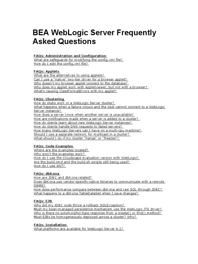 BEA WebLogic Server Frequently Asked Questions | PDF | Oracle Database ...