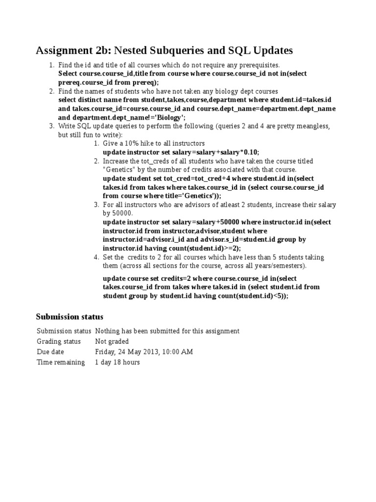 Assignment 2b Nested Subqueries And Sql Updates Submission Status Pdf