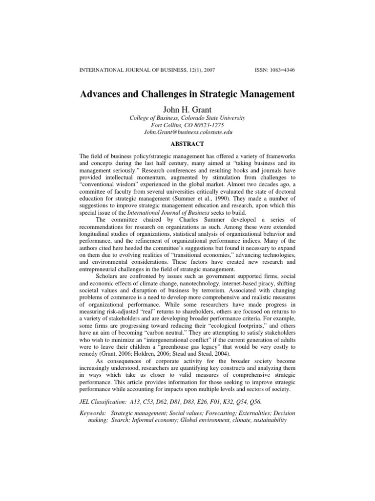 Advances and Challenges in Strategic Management | PDF | Strategic ...
