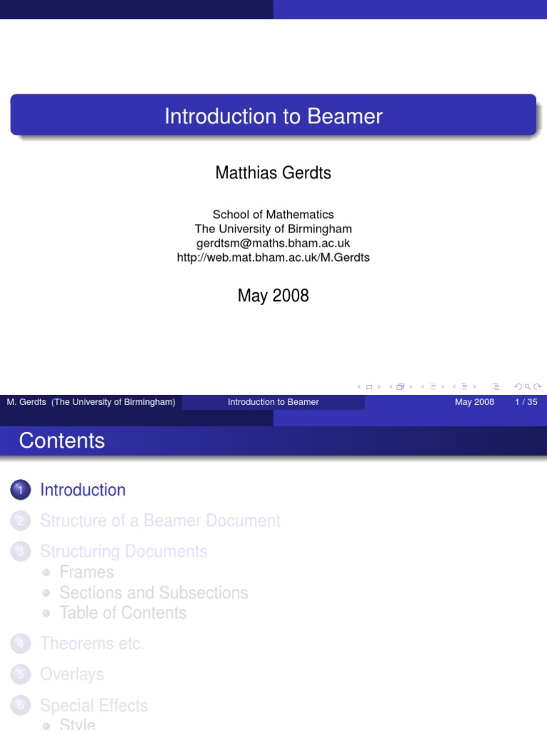 Introduction To Beamer Matthias Gerdts Pdf Table Of Contents
