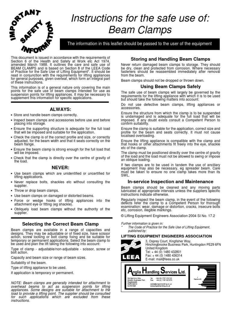 Instructions For The Safe Use Of: Beam Clamps | PDF | Elevator ...