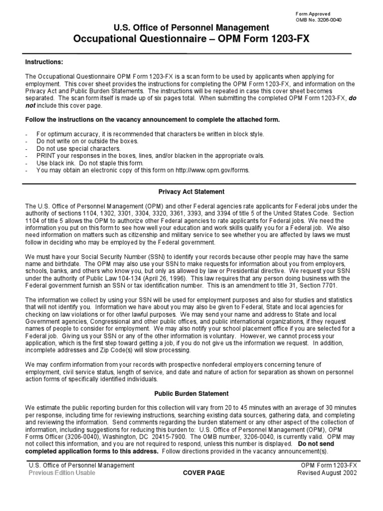 Occupational Questionnaire - OPM Form 1203-FX: U.S. Office of Personnel ...