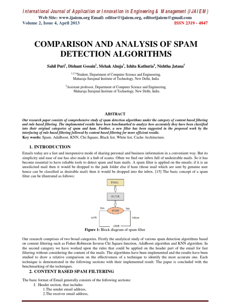 Comparison and Analysis of Spam Detection Algorithms | PDF | Statistical Classification | Email Spam
