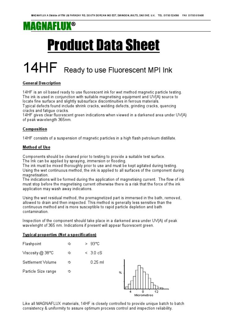 Product Data Sheet 14HF: Magnaflux | Download Free PDF | Ultraviolet | Ink