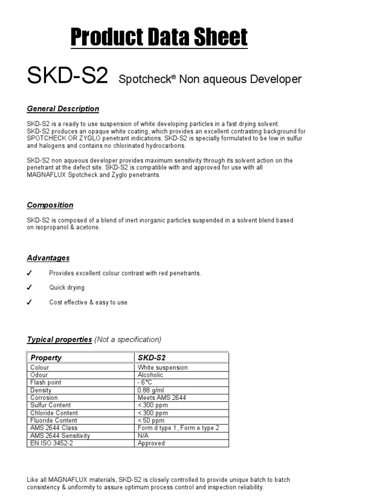 Product Data Sheet SKD-S2: Spotcheck Non Aqueous Developer | PDF | Corrosion | Solvent