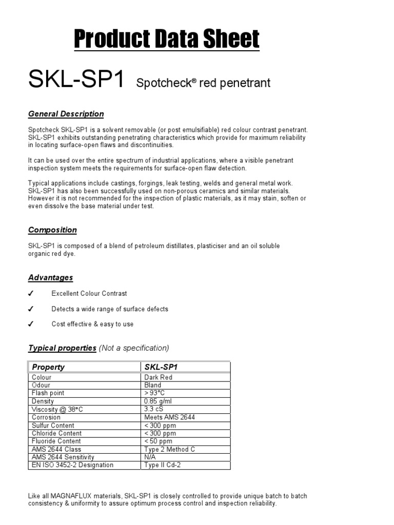 Product Data Sheet Skl-Sp1: Spotcheck Red Penetrant | PDF | Solvent ...