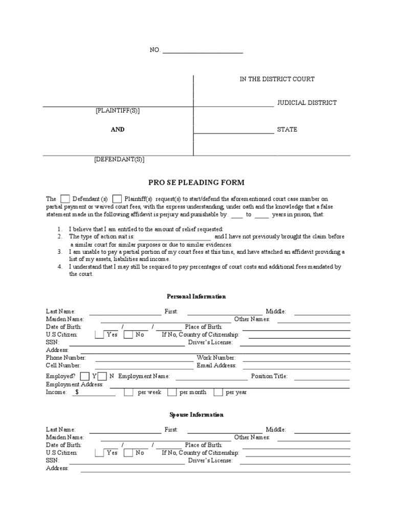 Pro Se Pleading Form | PDF | Lawsuit | Government