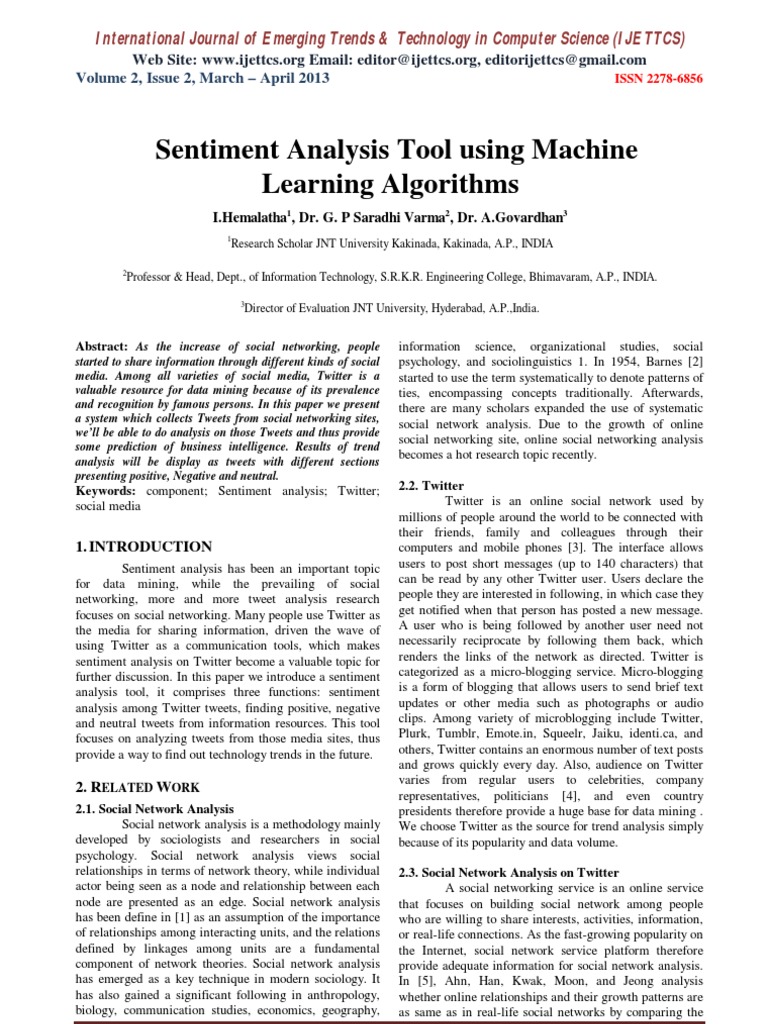 Sentiment Analysis Tool Using Machine Learning Algorithms | PDF | Microblogging | Social ...