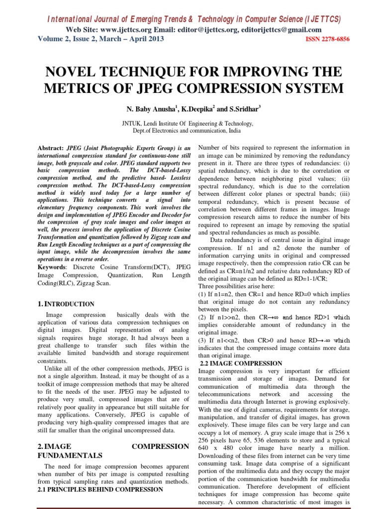 Novel Technique For Improving The Metrics of Jpeg Compression System | PDF | Data Compression ...