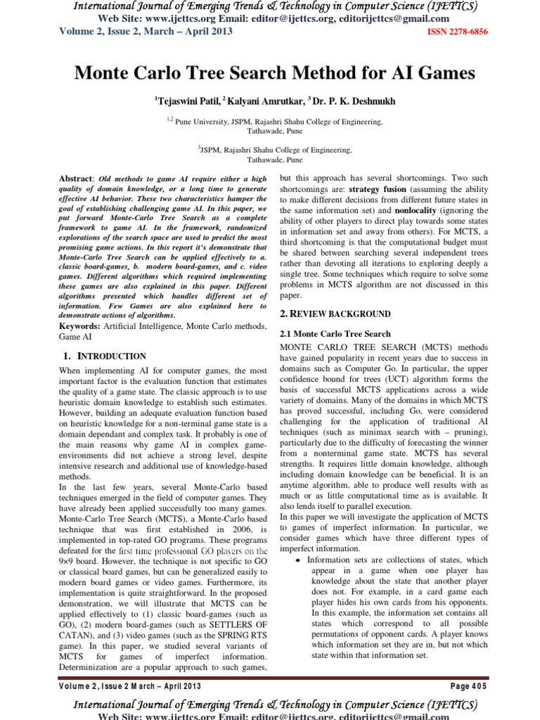 Monte Carlo Tree Search Method For AI Games: Volume 2, Issue 2, March - April 2013 | PDF ...