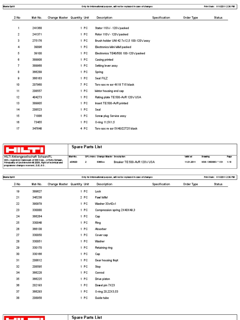 Spare Parts List: Z-No Mat-No. Change Master Quantity Unit Description ...