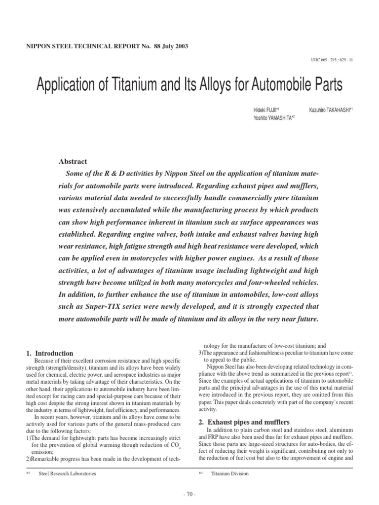 Application of Titanium & Its Alloys For Automobile Parts PDF | PDF ...