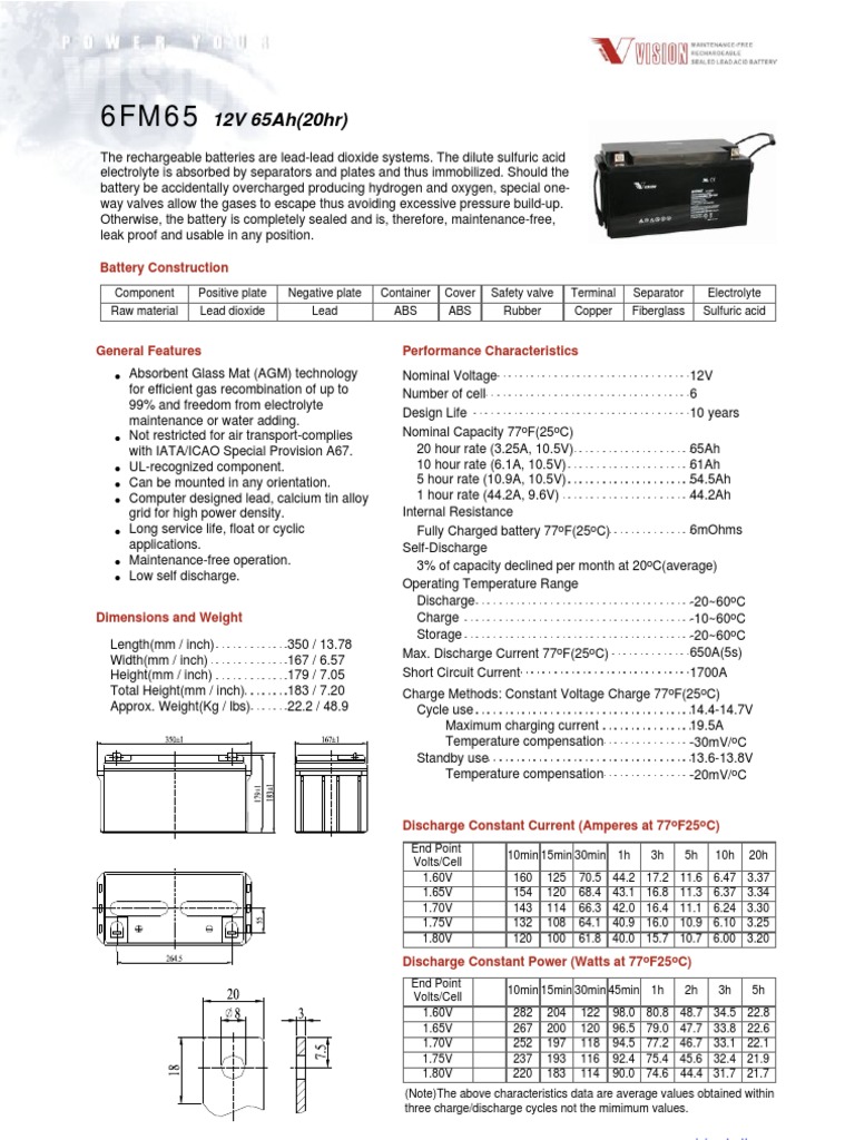 65ah - 12V - 6FM65 VISION | PDF | Battery (Electricity) | Energy Storage