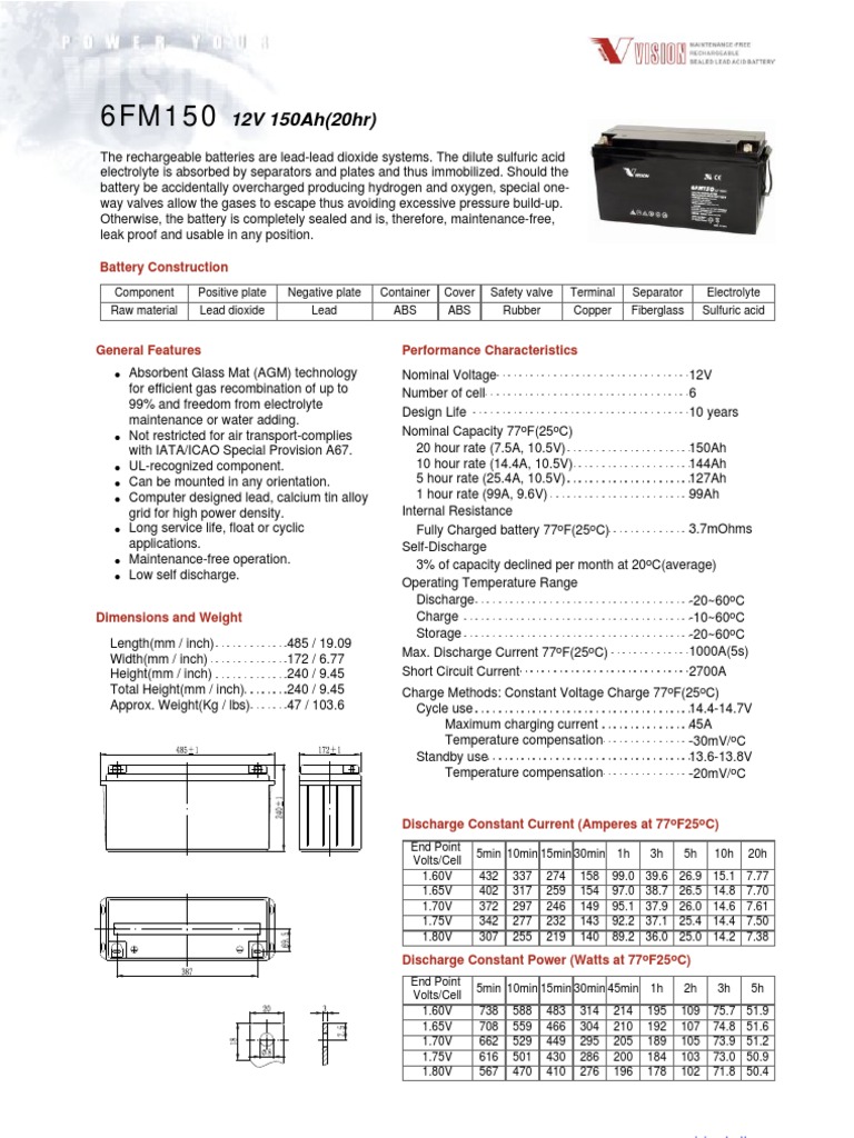150ah - 12V - 6FM150 VISION | PDF | Battery (Electricity) | Energy Storage