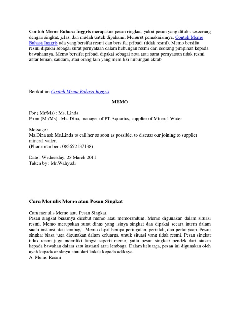 Contoh Memo Bahasa Inggris Merupakan Pesan Ringkas | PDF