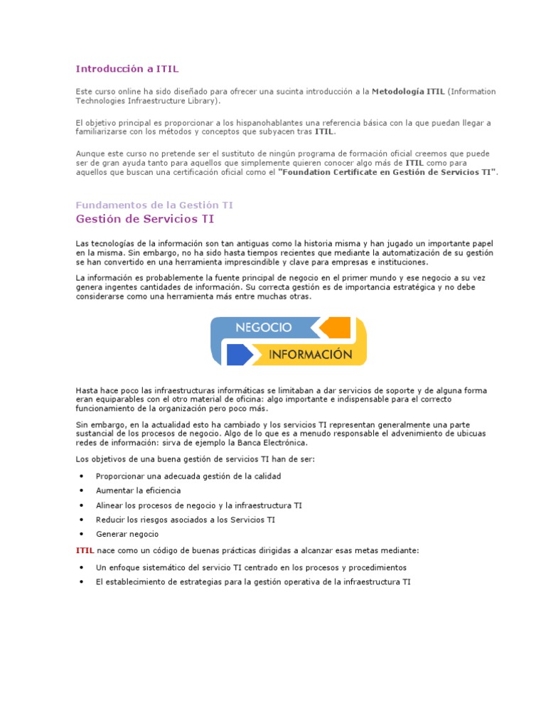 Introducción A ITIL | PDF | Itil | Mesa de ayuda