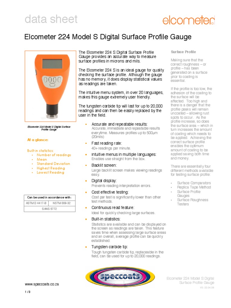Elcometer 224 S Operating Manual | PDF | Surface Roughness | Statistics